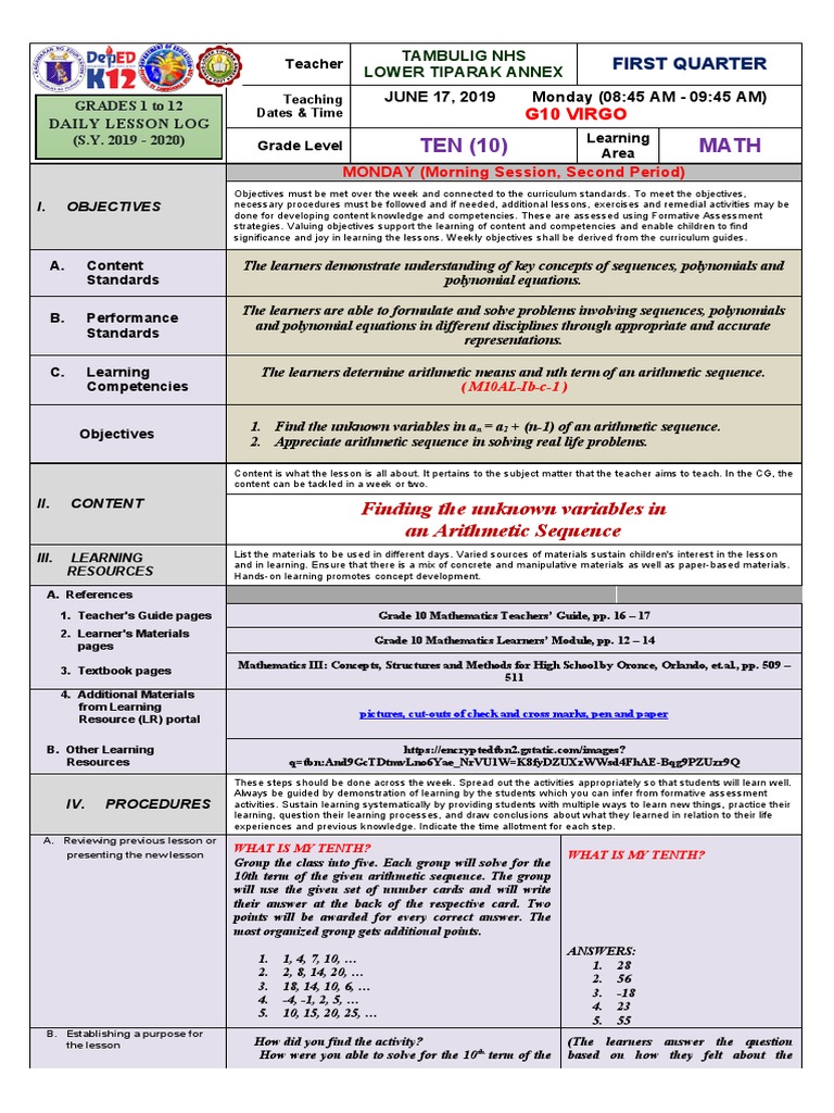 Detailed Lesson Plan in Math 10 (Finding The Unknown Variables in An ...