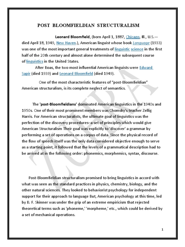 Post Bloomfieldian Structuralism: Leonard Bloomfield, (Born April 1 ...