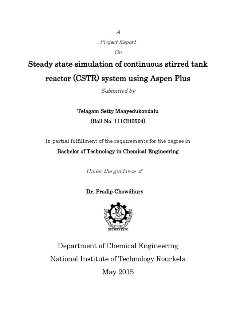 Steady State Simulation of Continuous Stirred Tank Reactor (CSTR ...