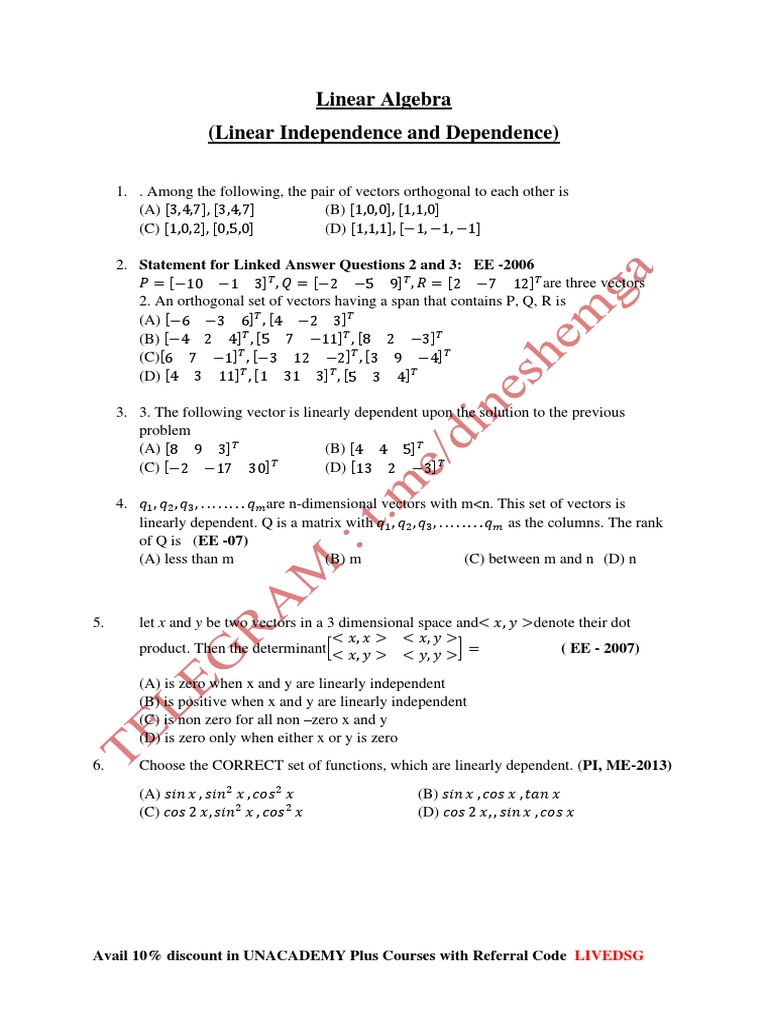Linear Algebra (Linear Independence and Dependence) : Avail 10% ...
