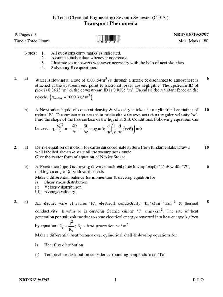 Transport Phenomena: B.Tech. (Chemical Engineering) Seventh Semester (C ...