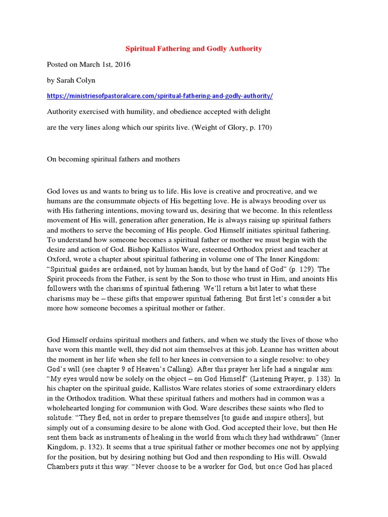 Sarah Colyn - Spiritual Fathering and Godly Authority | PDF | Jesus ...