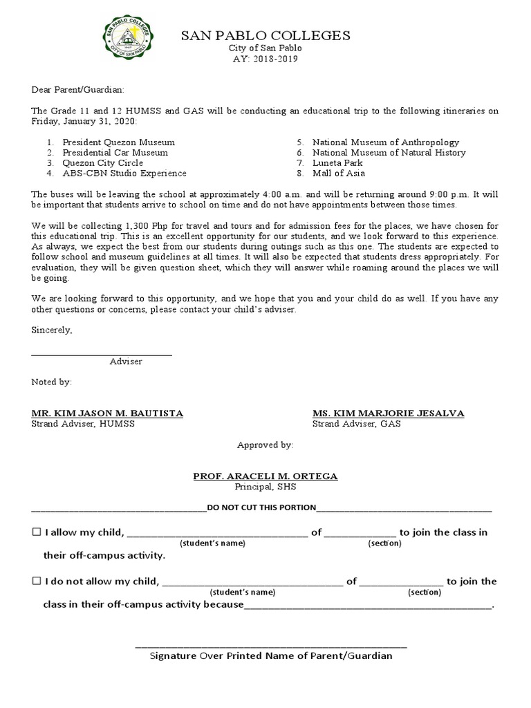 FIELDTRIP Letter To Parents | PDF | Learning | Library And Museum