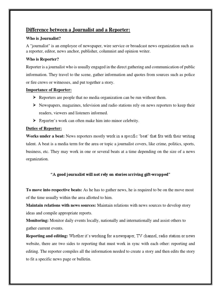 Difference Between A Journalist and A Reporter | PDF | News | News Media
