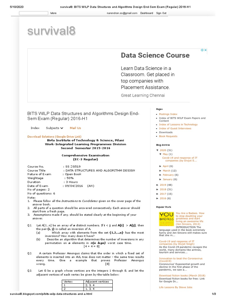 Survival8 - BITS WILP Data Structures and Algorithms Design End-Sem Exam (Regular) 2016-H1 PDF | PDF