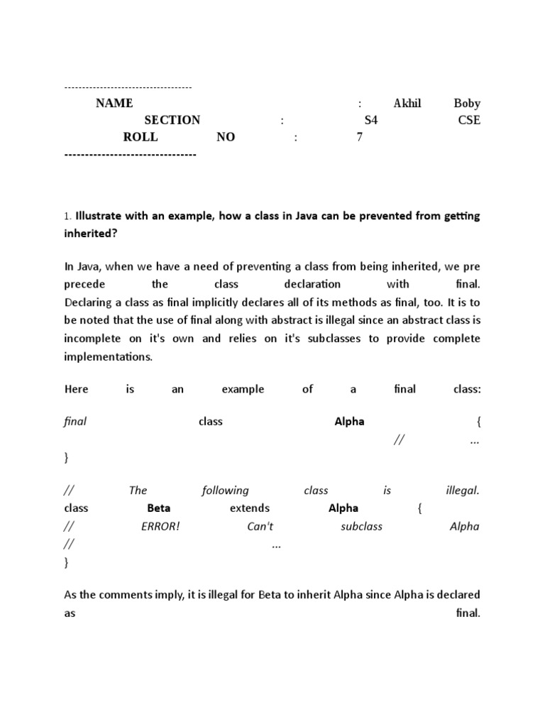 Name: Section: Roll NO: - : Final .. | PDF | Class (Computer ...