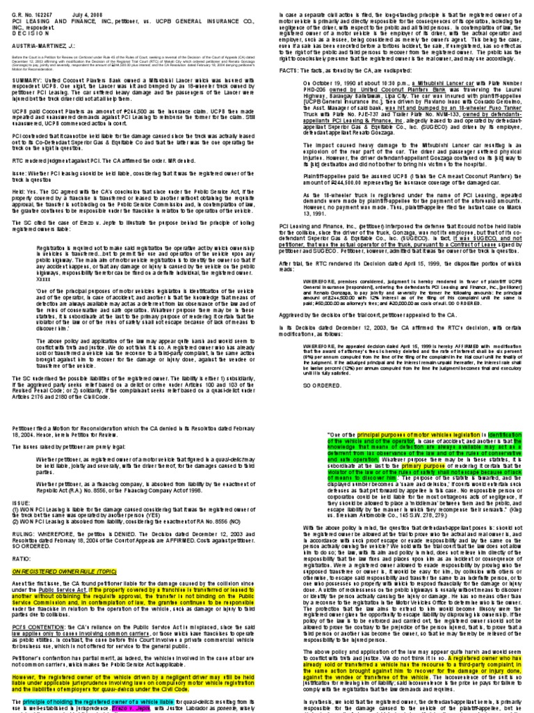 PCI Leasing v. UCPB Gen Insurance | PDF | Lease | Lawsuit