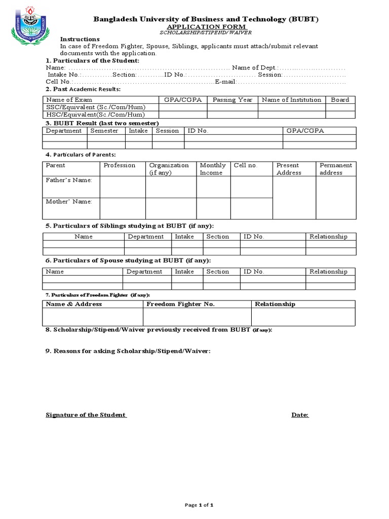 BUBT Scholarship Application Form | PDF | Career & Growth