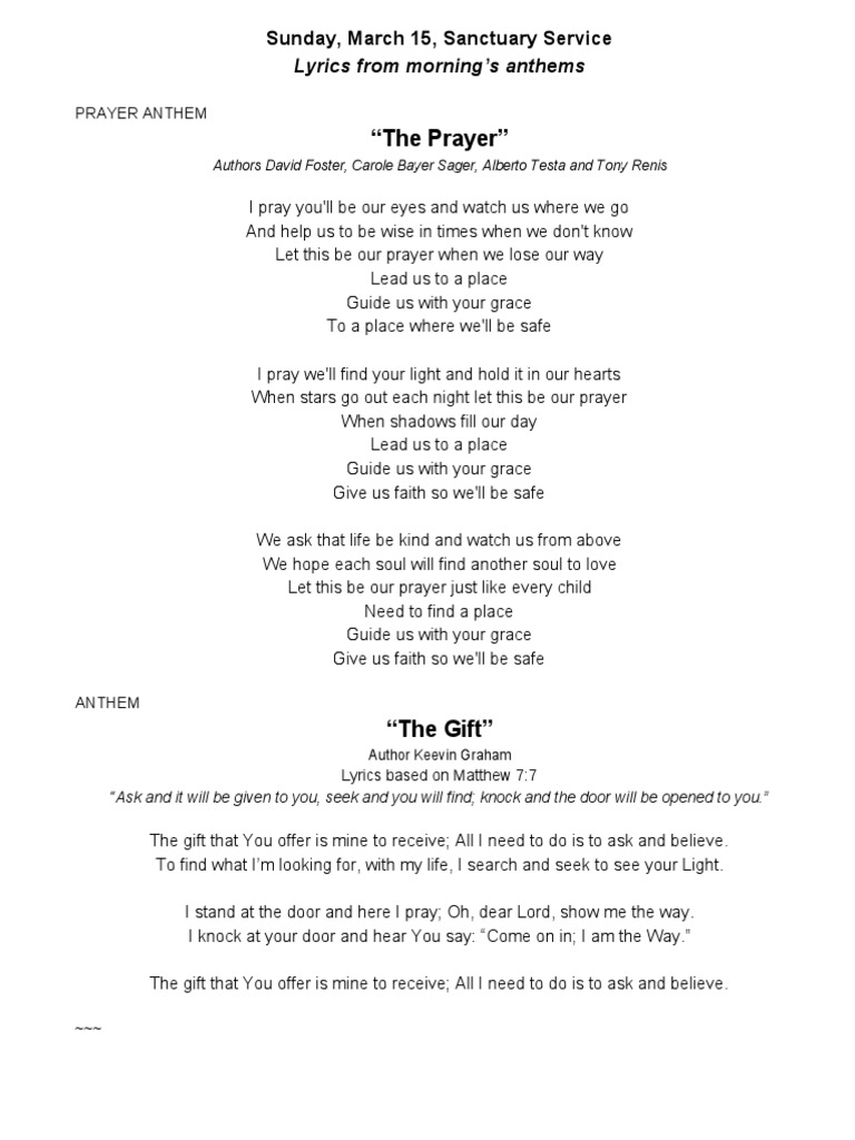 "The Prayer": Lyrics From Morning's Anthems | PDF