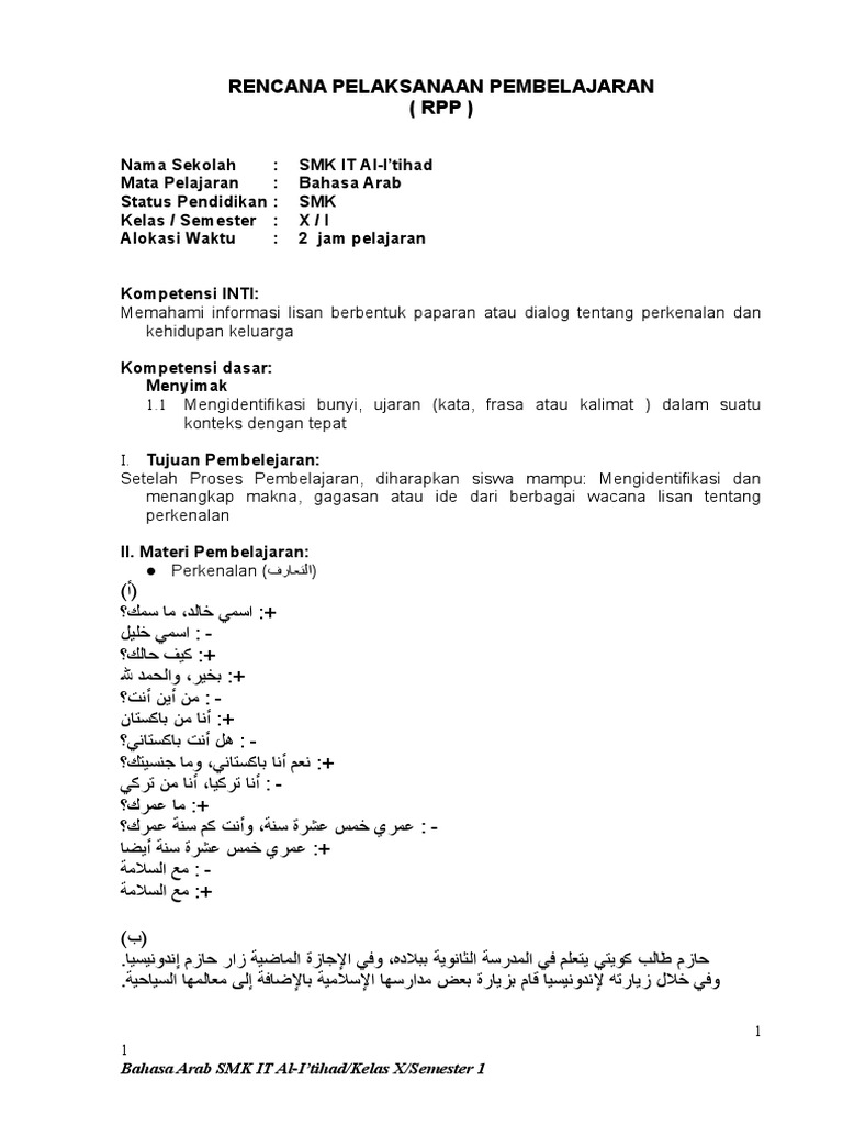 RPP BHS ARAB X GANJIL K-13 Revisi | PDF | Karier & Perkembangan
