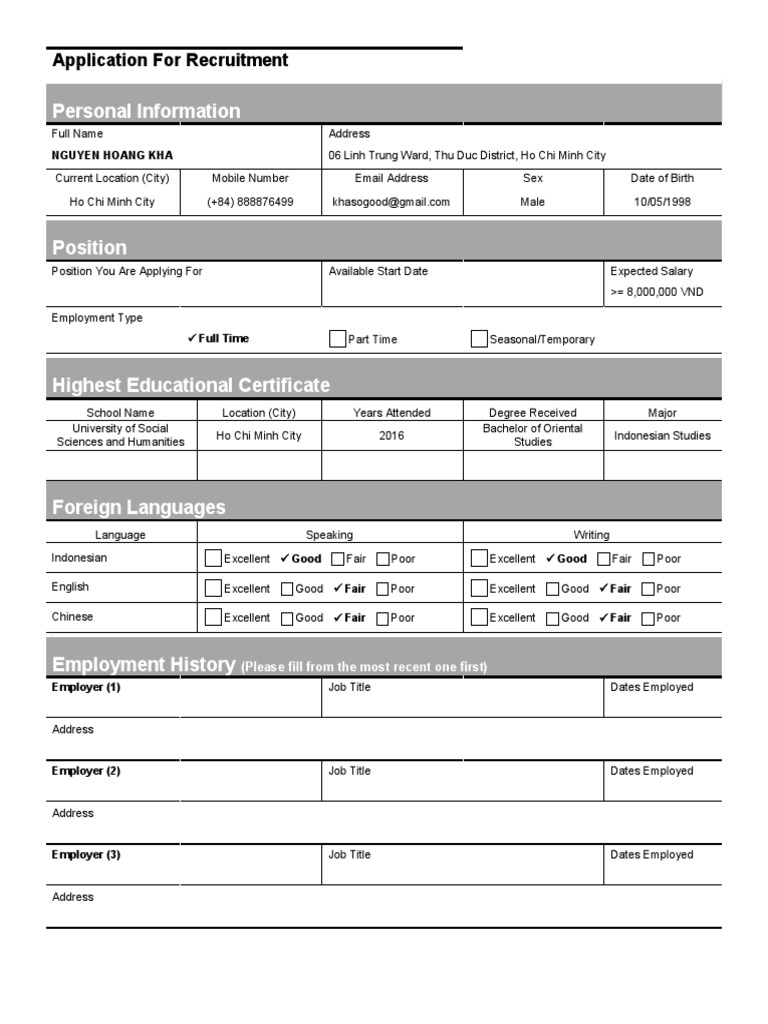 Personal Information: Application For Recruitment | PDF | Ho Chi Minh ...