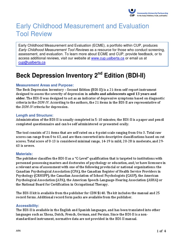 Early Childhood Measurement and Evaluation Tool Review: Beck Depression ...