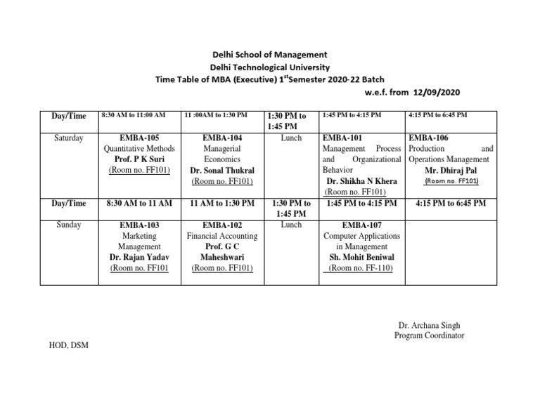MBA Executive 1st Semester Timetable 2020-22 | PDF