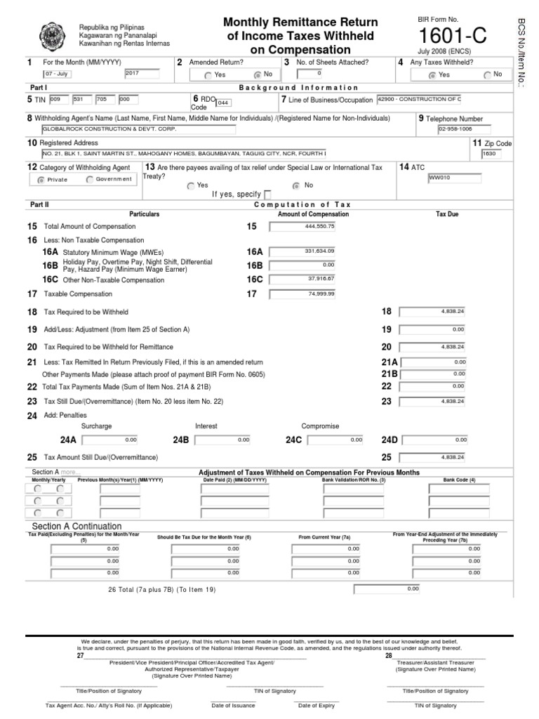 Monthly Remittance Return of Income Taxes Withheld On Compensation ...