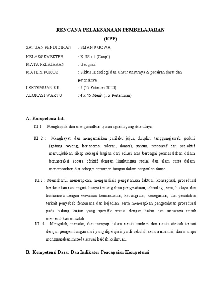 RPP Geografi (Siklus Hidrologi) Kelas X | PDF | Sains & Matematika