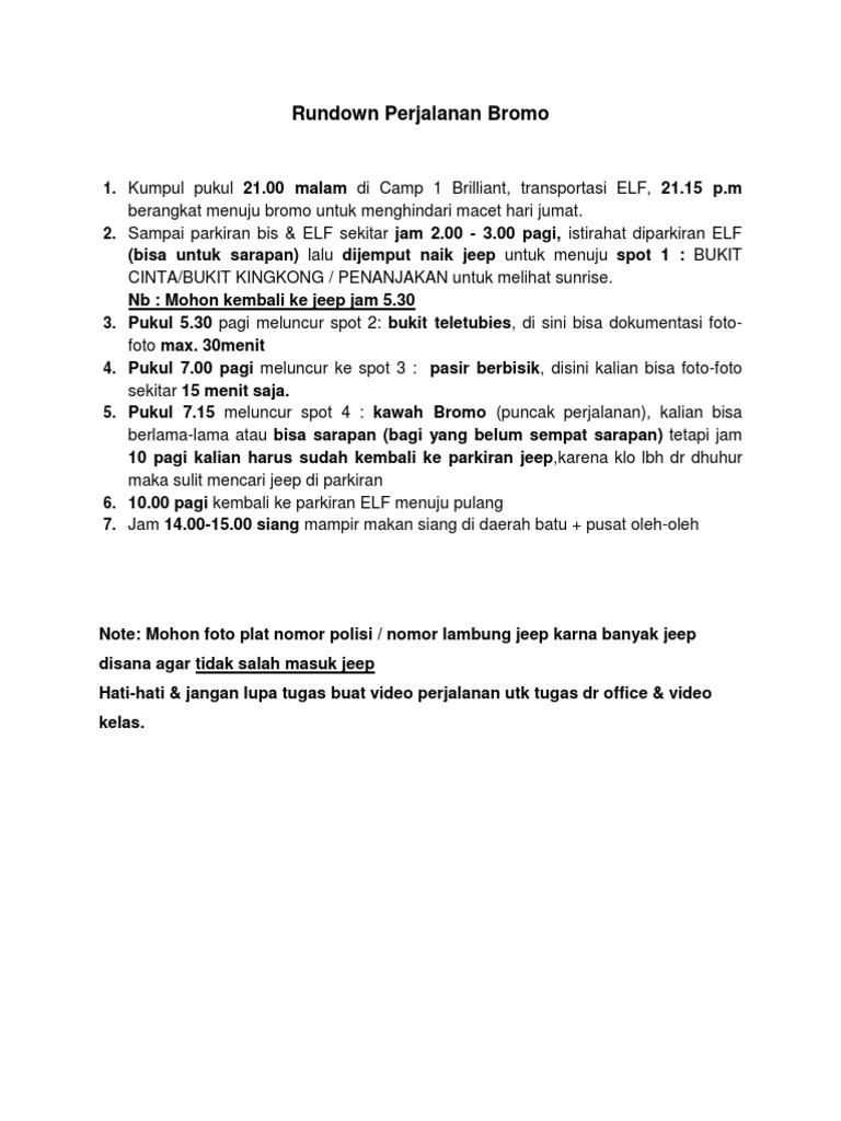Rundown Perjalanan Bromo | PDF
