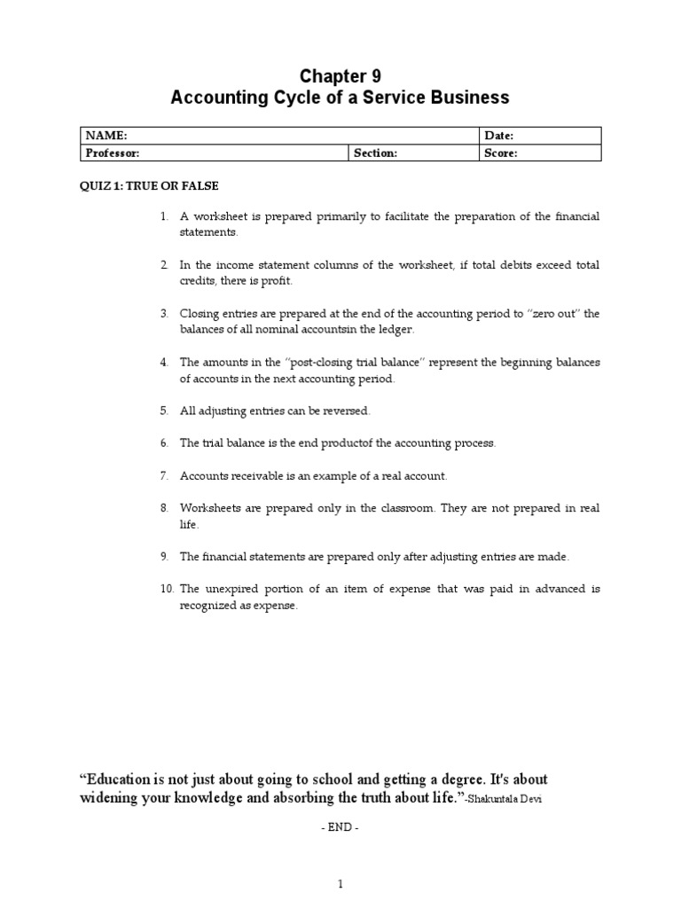 Quiz 9 Completing The Accounting Cycle Worksheet and Reversing Entries ...
