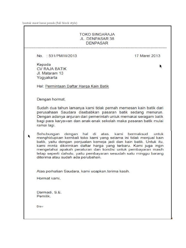 Contoh Surat Full Block Style | PDF | Karier & Perkembangan | Seni ...