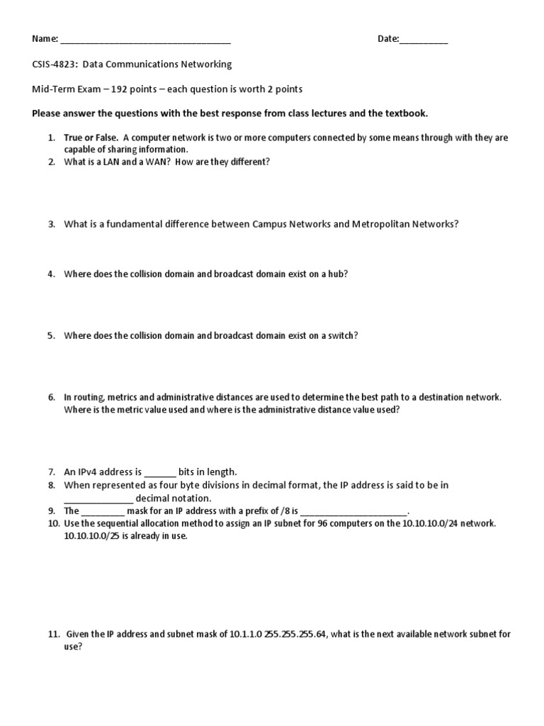 Comprehensive Mid-Term Exam for Data Communications Networking Course Covering Key Concepts and ...