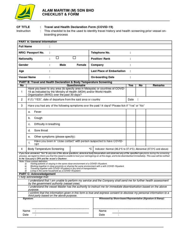 COVID-19 Travel Health Declaration Form | PDF | Epidemiology | Medicine