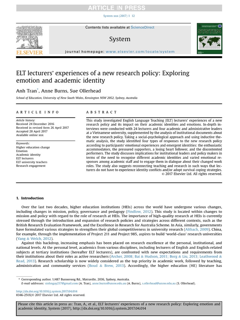 System: Anh Tran, Anne Burns, Sue Ollerhead | PDF | Emotions | Identity ...