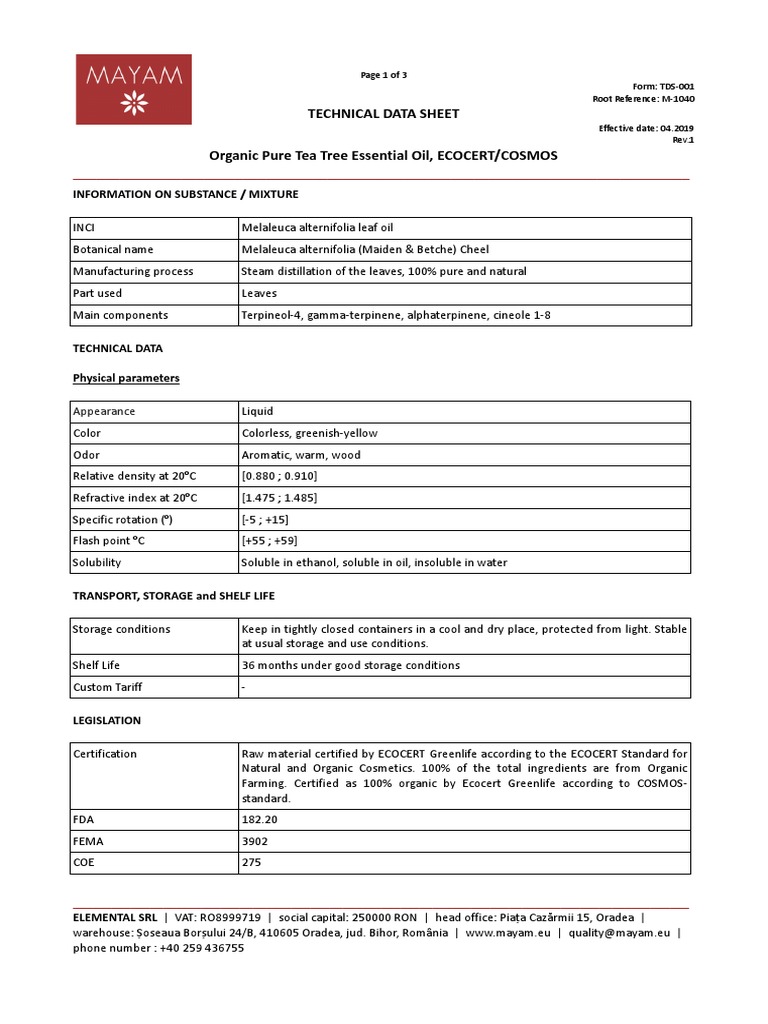 Technical Data Sheet Organic Pure Tea Tree Essential Oil, ECOCERT ...