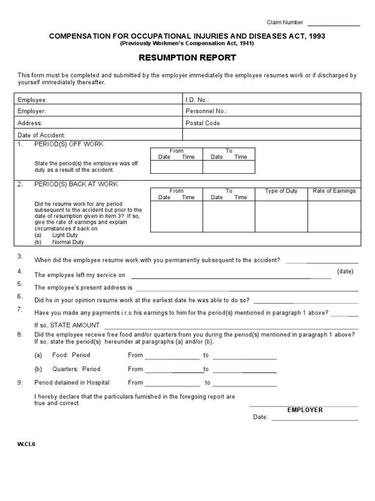 Resumption of Work Report Detailing an Employee's Return to Duty ...