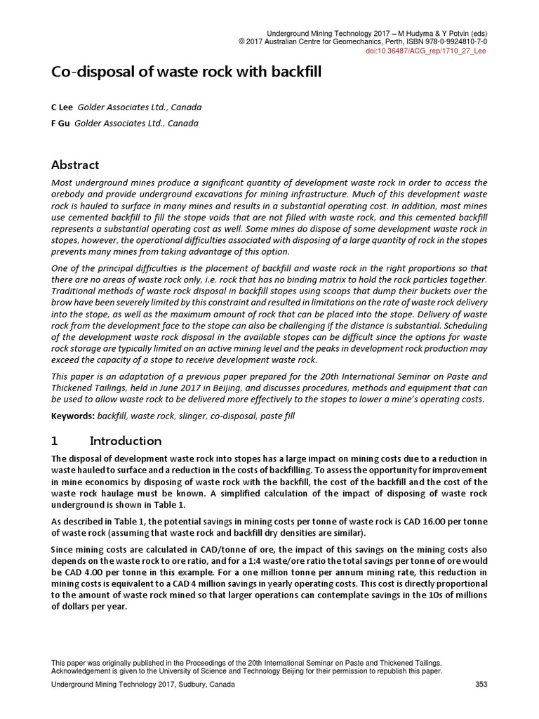 Co-Disposal of Waste Rock With Backfill: C Lee Golder Associates LTD ...