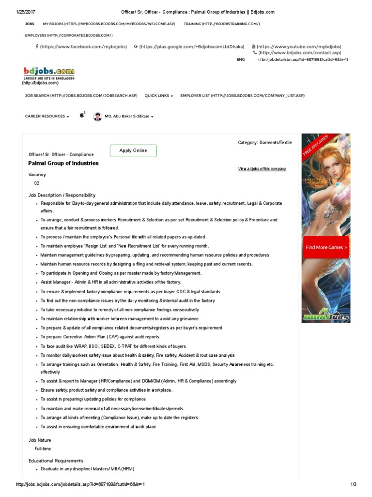 Officer - Sr. Officer - Compliance - Palmal Group of Industries ...