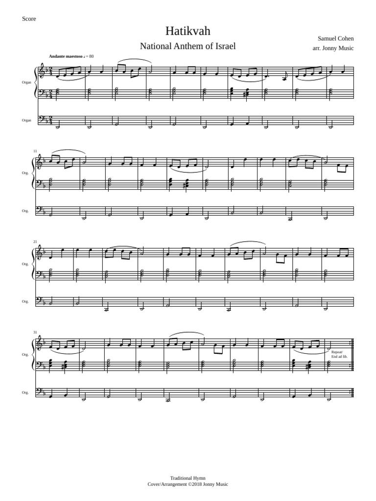 Hatikvah National Anthem of Israel Organ-Cover | PDF | Patriotic Songs ...