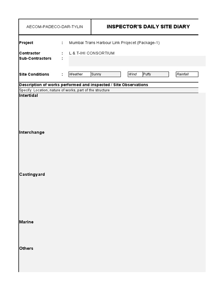 Inspector'S Daily Site Diary: Aecom-Padeco-Dar-Tylin | PDF ...