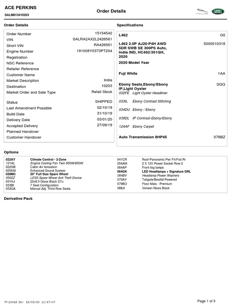 Order Details Specifications L462 L462 2.0P AJ20-P4H AWD 5DR SWB SE ...