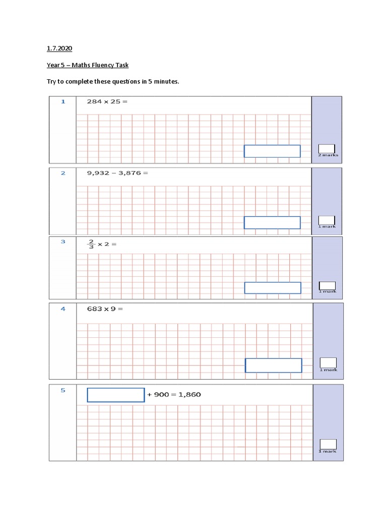 1.7.2020 Year 5 - Maths Fluency Task Try To Complete These Questions in ...