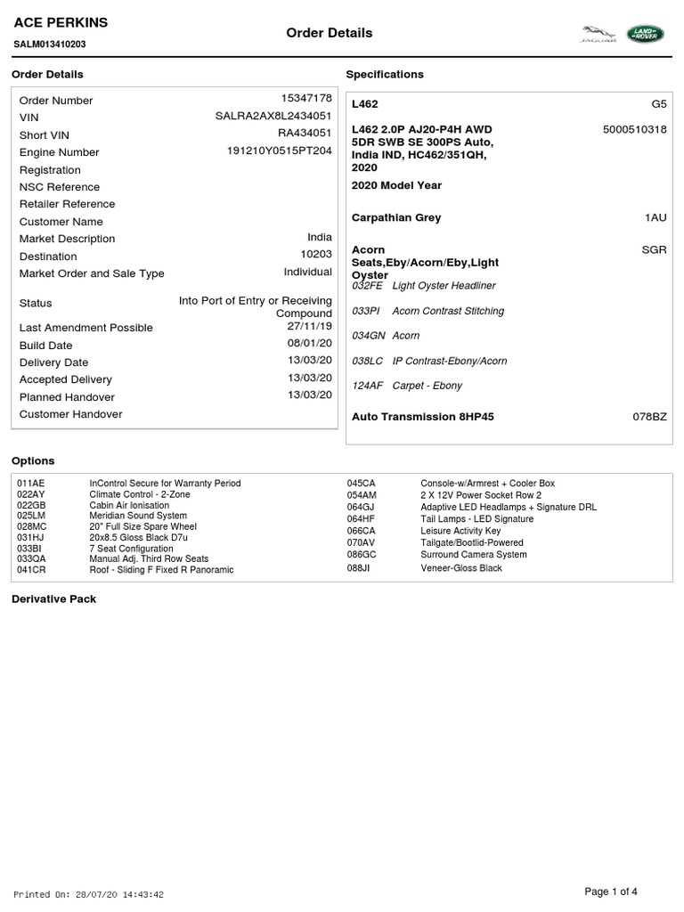 ACE PERKINS provides order details for Land Rover vehicle | PDF ...