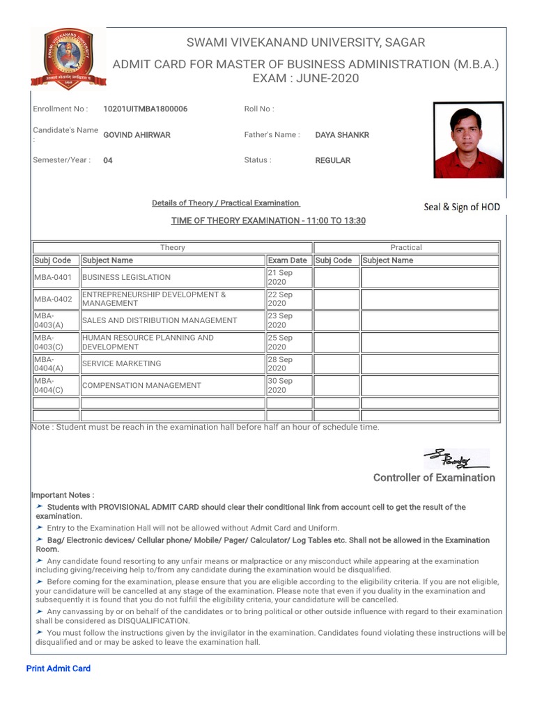 Swami Vivekanand University, Sagar Admit Card For Master of Business Administration (M.B.A ...