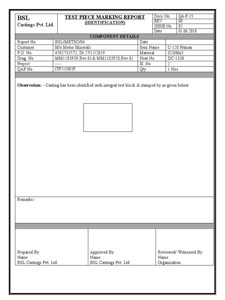 Castings Pvt. LTD.: Test Piece Marking Report | PDF