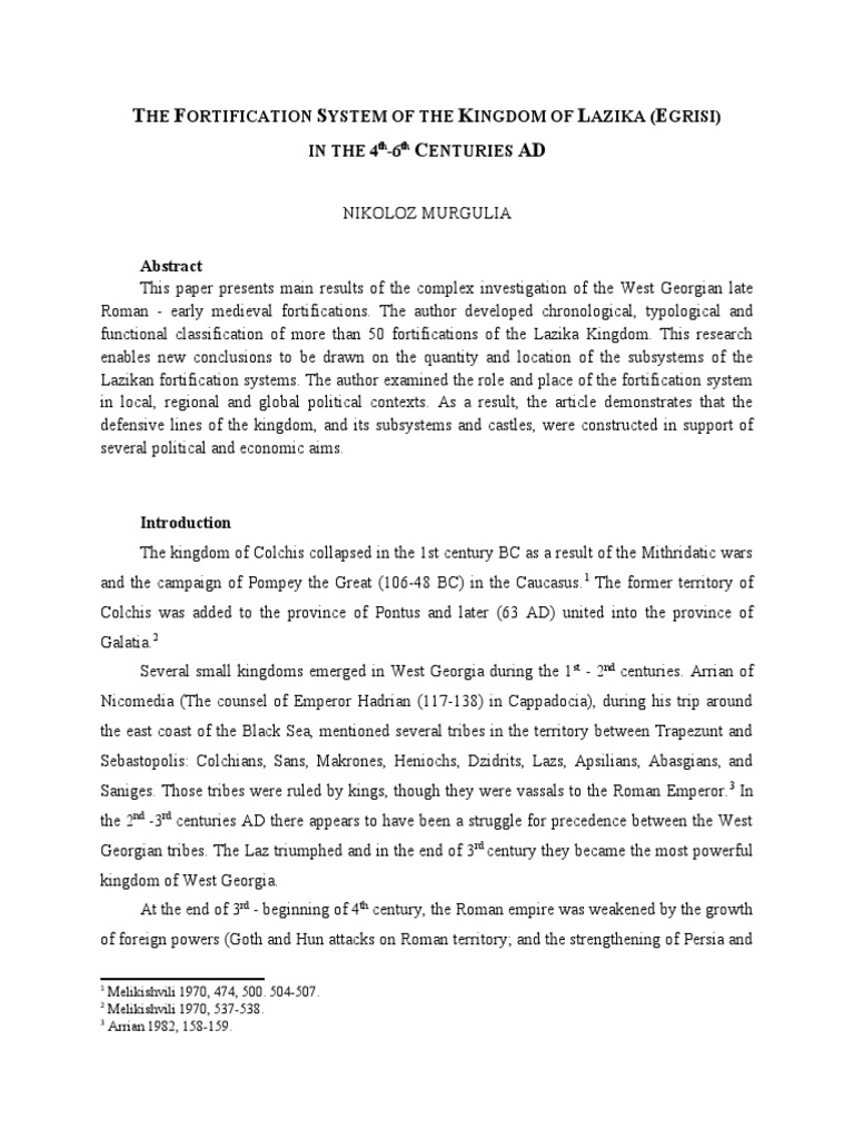 THE FORTIFICATION SYSTEM OF THE KINGDOM OF LAZIKA (EGRISI) IN THE 4th ...