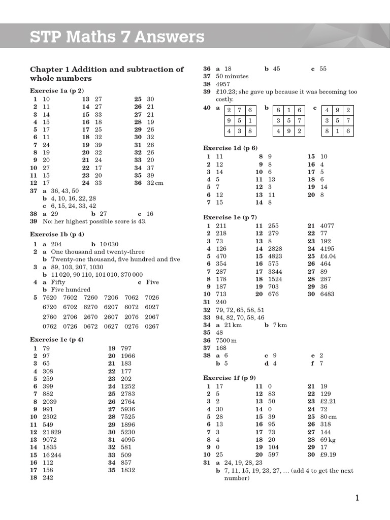 STP Maths 7 Answers: Chapter 1 Addition and Subtraction of Whole ...