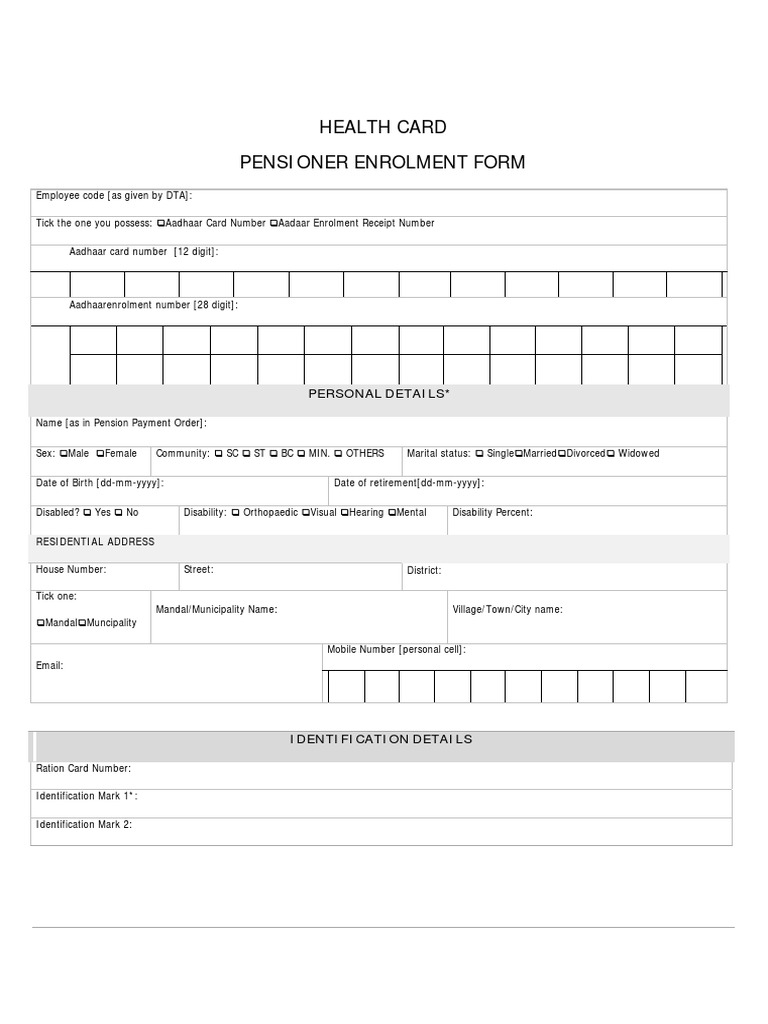Health Card Pensioner Enrolment Form: Personal Details | PDF | Document ...