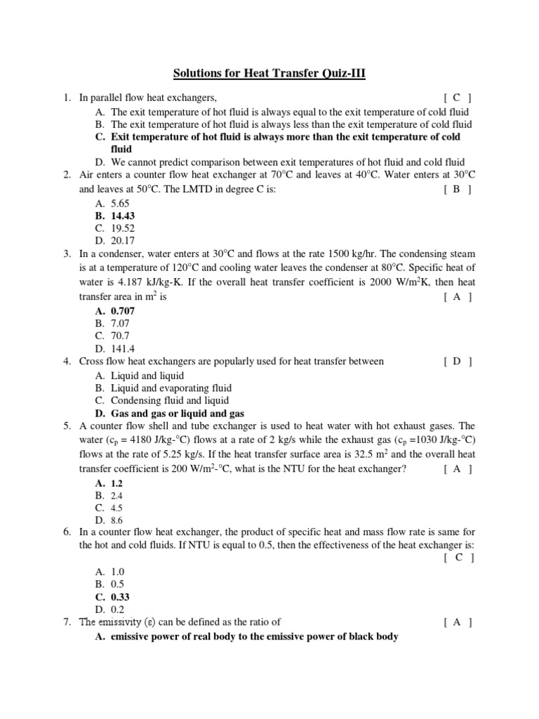 Solutions For Heat Transfer Quiz-III | PDF | Heat Exchanger | Heat Transfer
