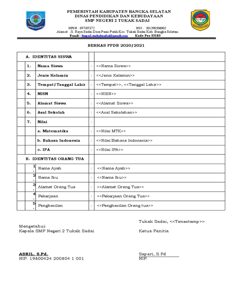 Formulir Pendaftaran Siswa Baru 2022 | PDF