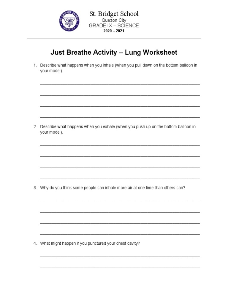 Just Breathe Activity - Lung Worksheet: St. Bridget School | PDF