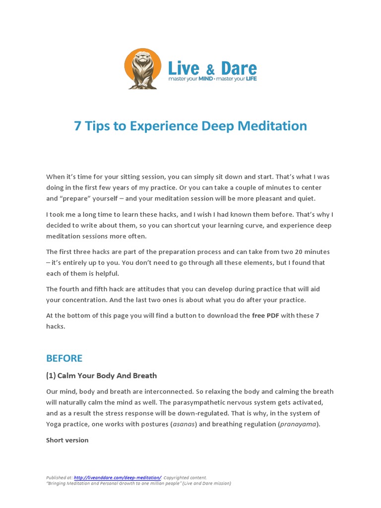 7 Tips To Experience Deep Meditation: Before | PDF | Meditation | Breathing