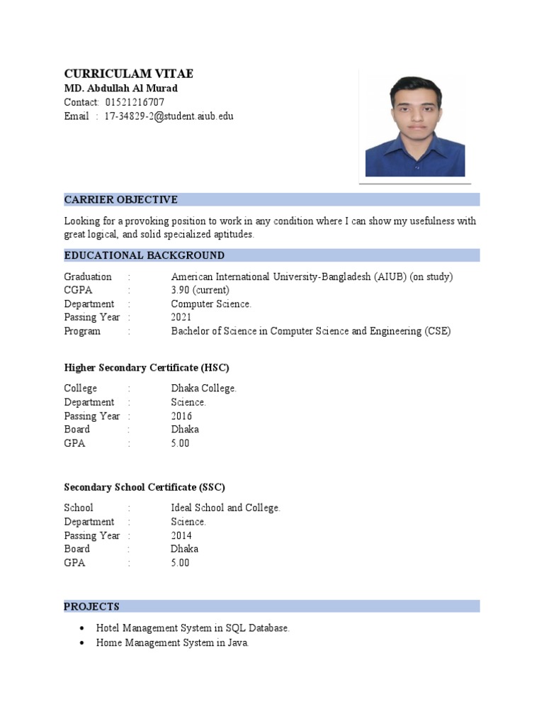 Curriculam Vitae: MD. Abdullah Al Murad | PDF | Career & Growth
