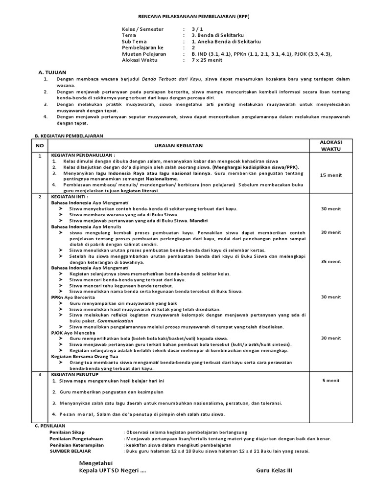 RPP Kelas 3 Tema 3 Sub Tema 1 PB 2 | PDF