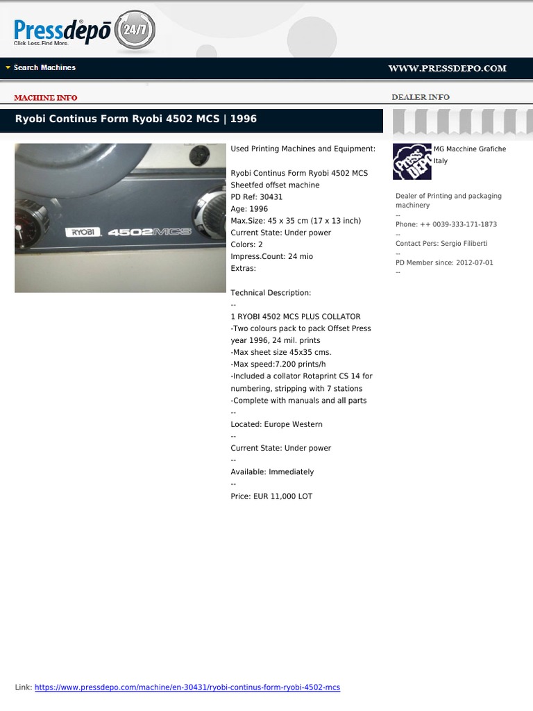 Ryobi Continus Form Ryobi 4502 MCS - 1996: MG Macchine Grafiche Italy ...