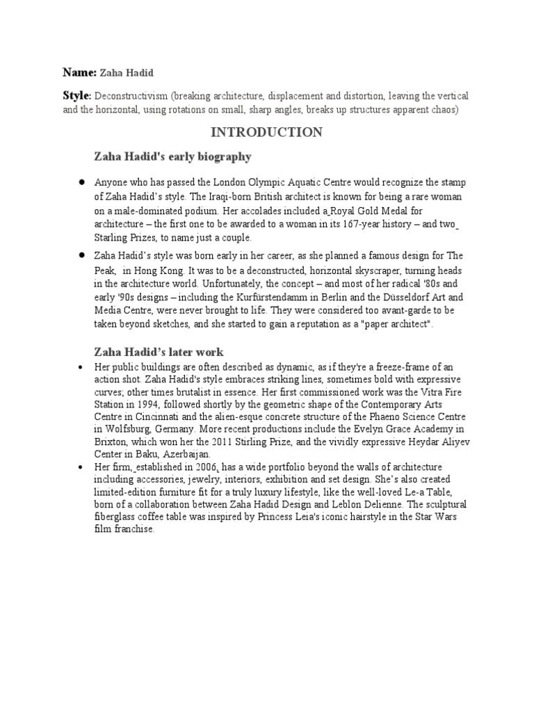 Zaha Hadid's Early Biography: Name: Style | PDF