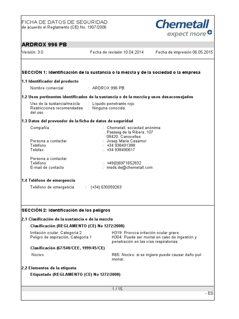 Ficha de Seguridad Ardrox 996 PB | PDF | Residuos | Agua