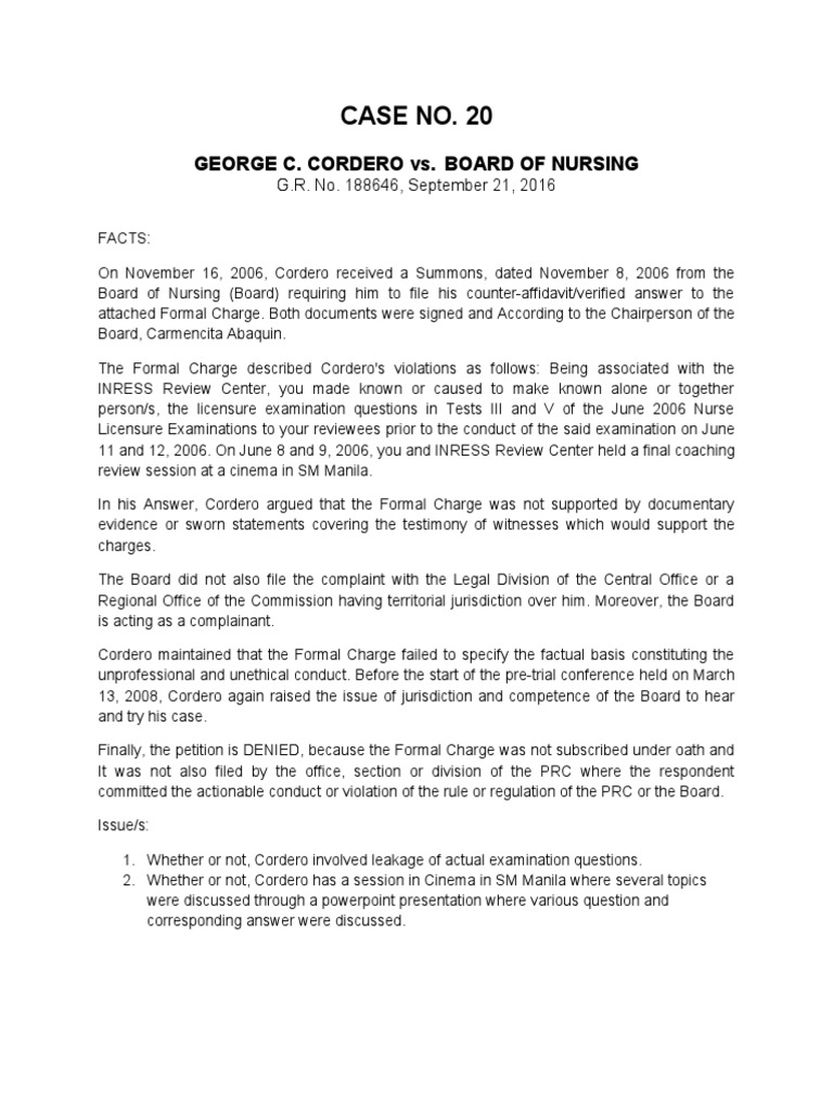 Case No. 20: George C. Cordero vs. Board of Nursing | PDF | Complaint ...