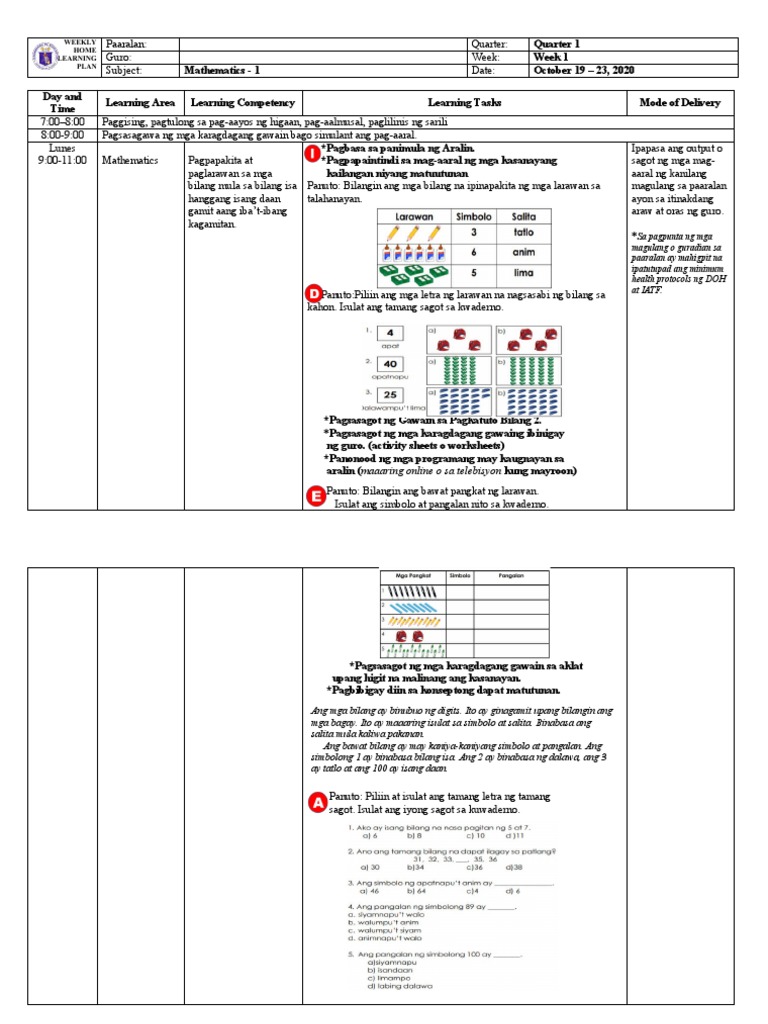WHLP Grade 1 Mathematics - Week 1 | PDF